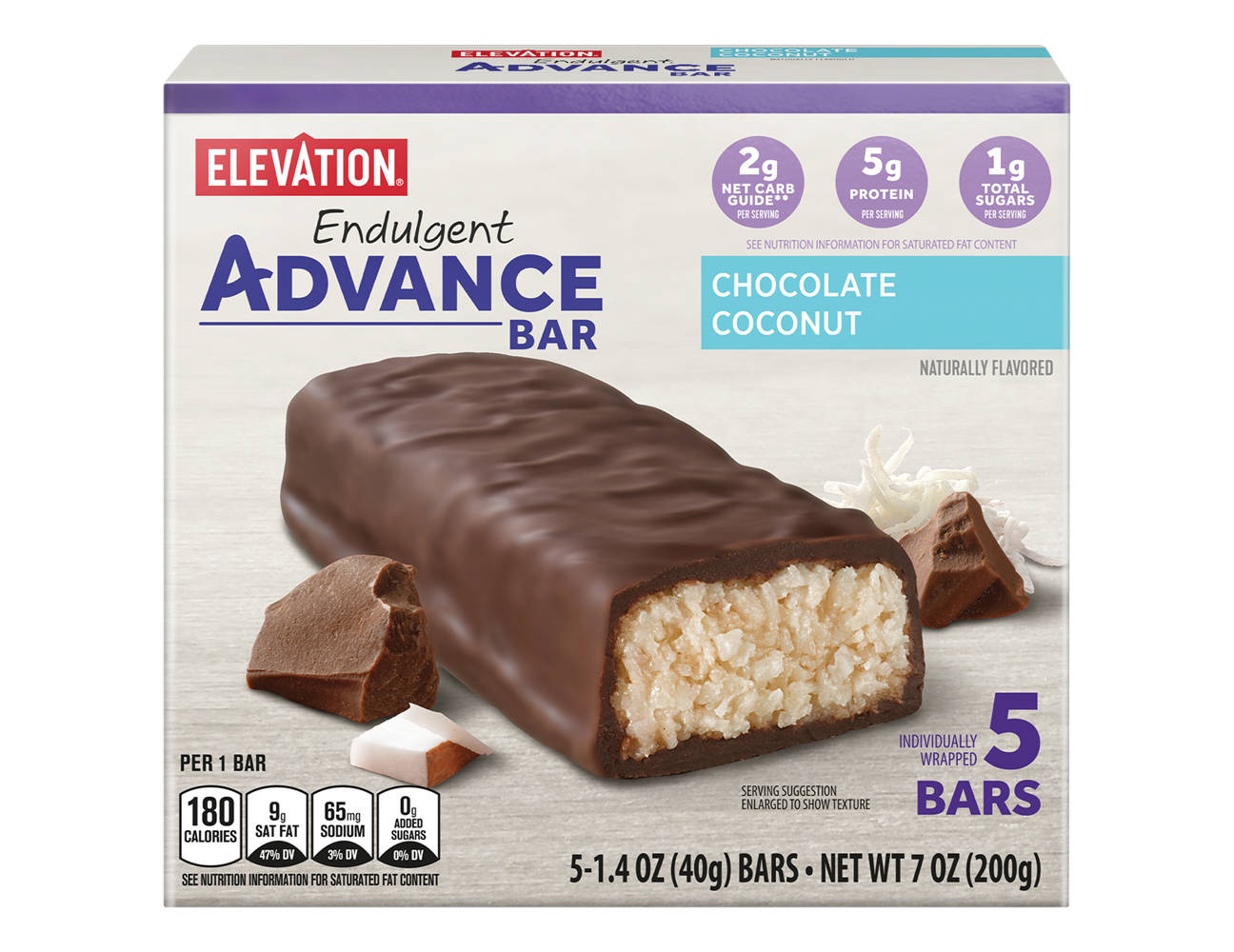 Elevation Chocolate Coconut Endulgent Advance Bars, 5 count