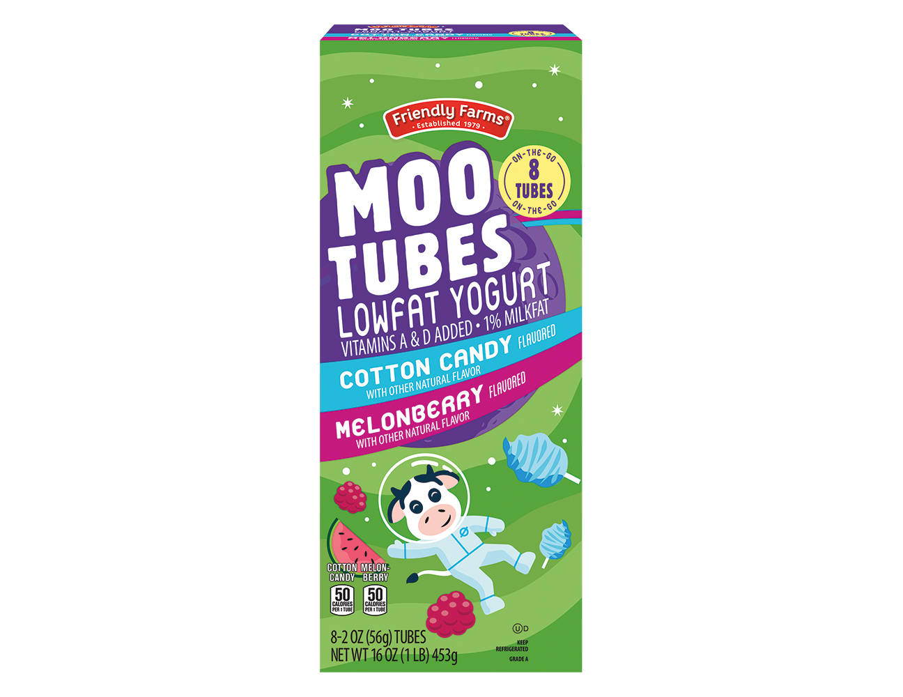 Friendly Farms Moo Tubes Cotton Candy and Melonberry Lowfat Yogurt, 8 count