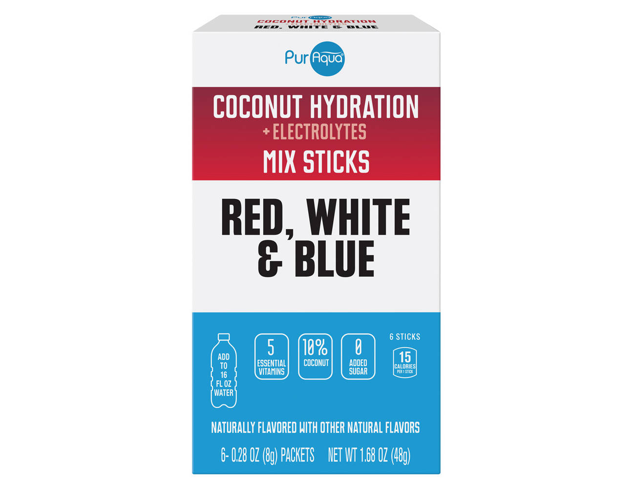 PurAqua Red White Blue - Coconut Hydration Sticks, 6 count