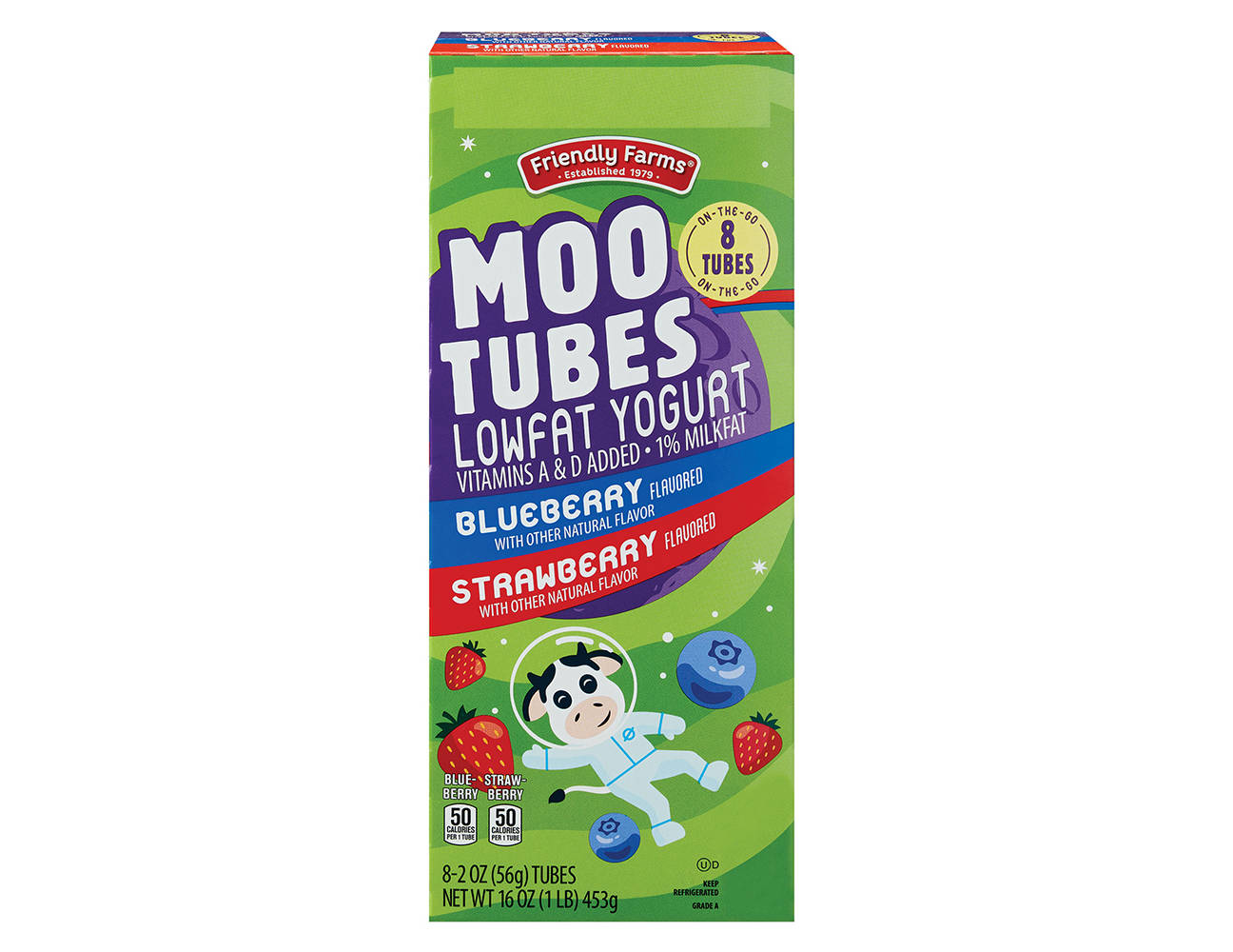Friendly Farms Moo Tubes Strawberry and Blueberry Lowfat Yogurt, 8 count