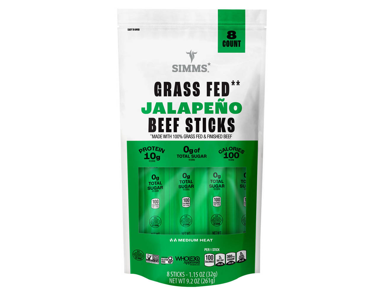 Simms Jalapeno Grass Fed Beef Sticks, 8 count