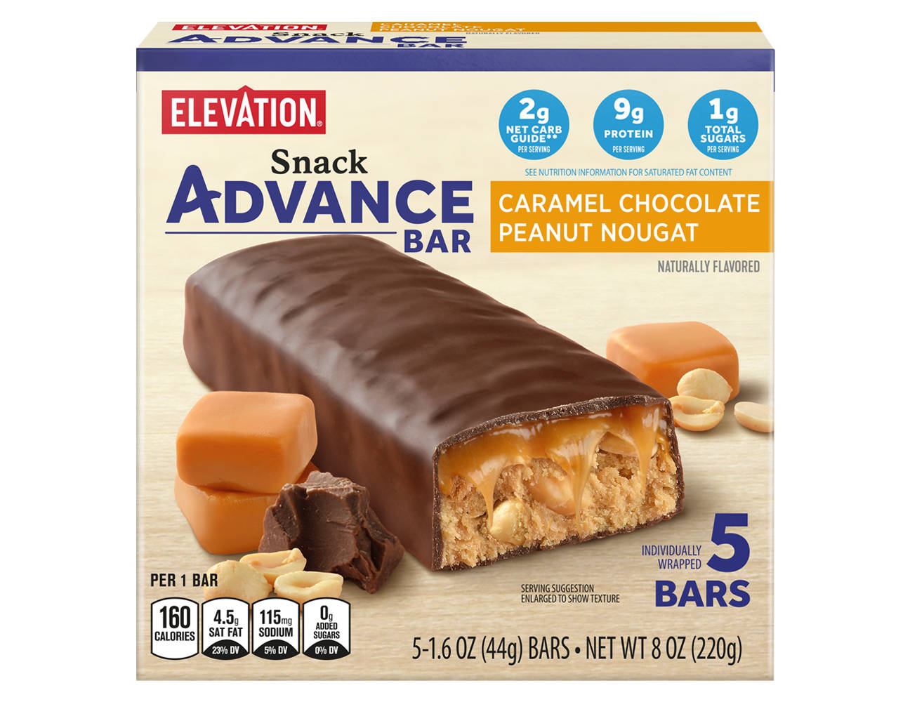 Elevation Caramel Chocolate Peanut Nougat Advance Snack Bars, 5 count