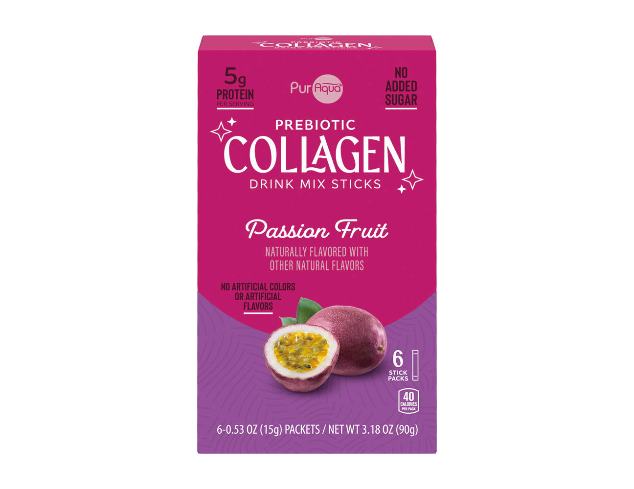 PurAqua Prebiotic Passionfruit Flavored Drink Mix Sticks, 6 count