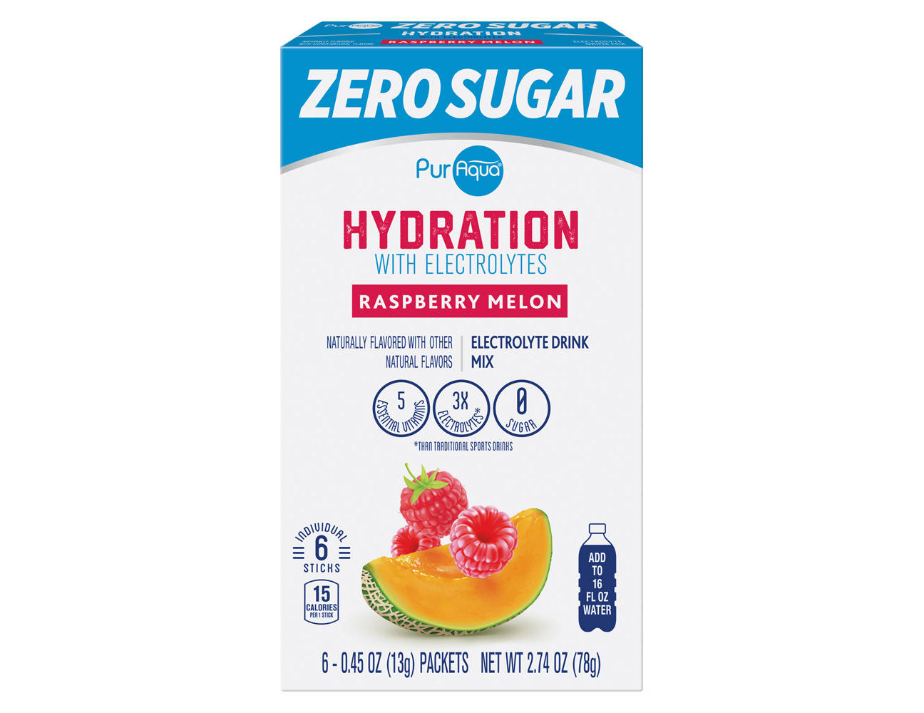 PurAqua Sugar Free Raspberry Melon Hydration Drink Mix Sticks