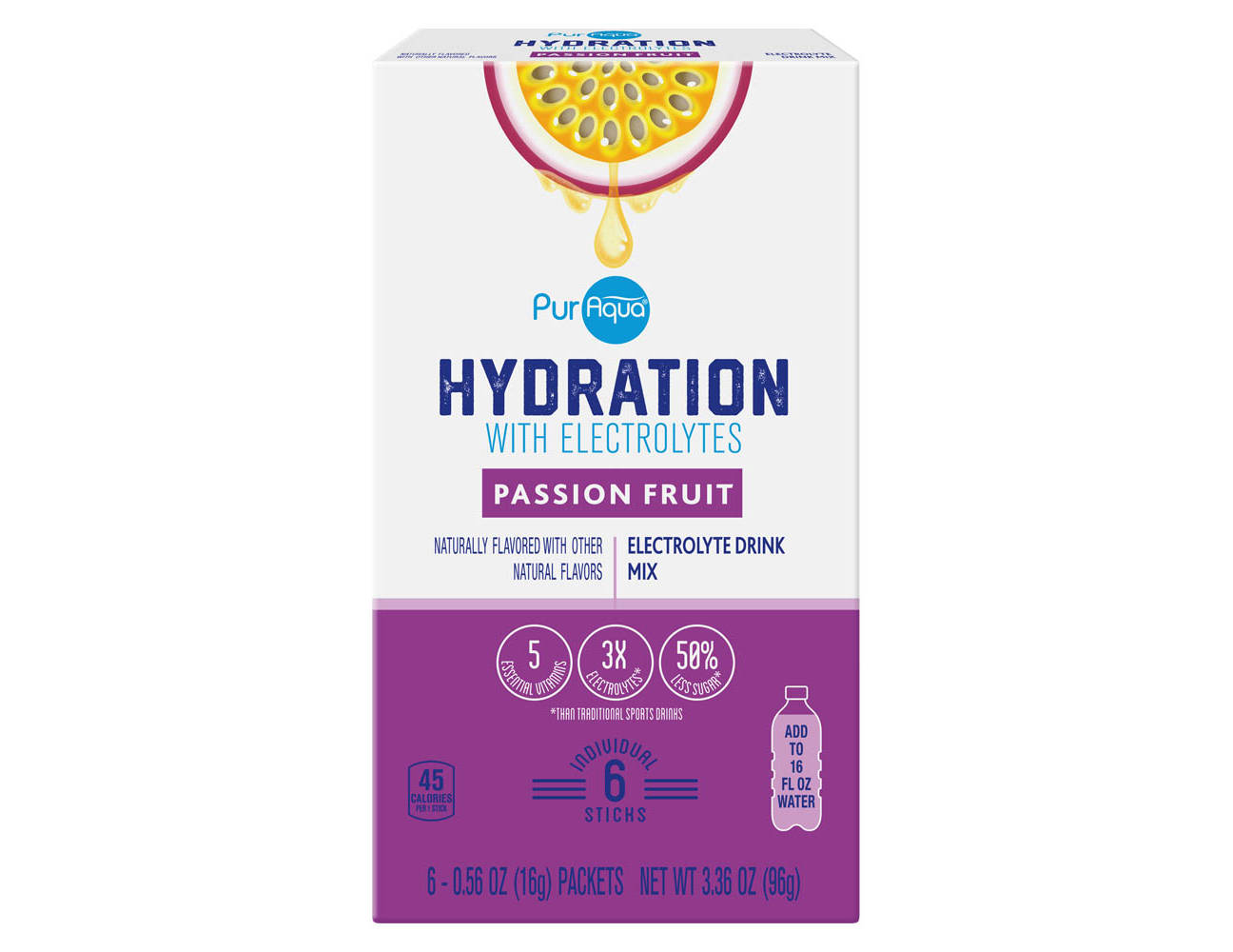 PurAqua Passion Fruit Hydration with Electrolyte Drink Mix, 6 count